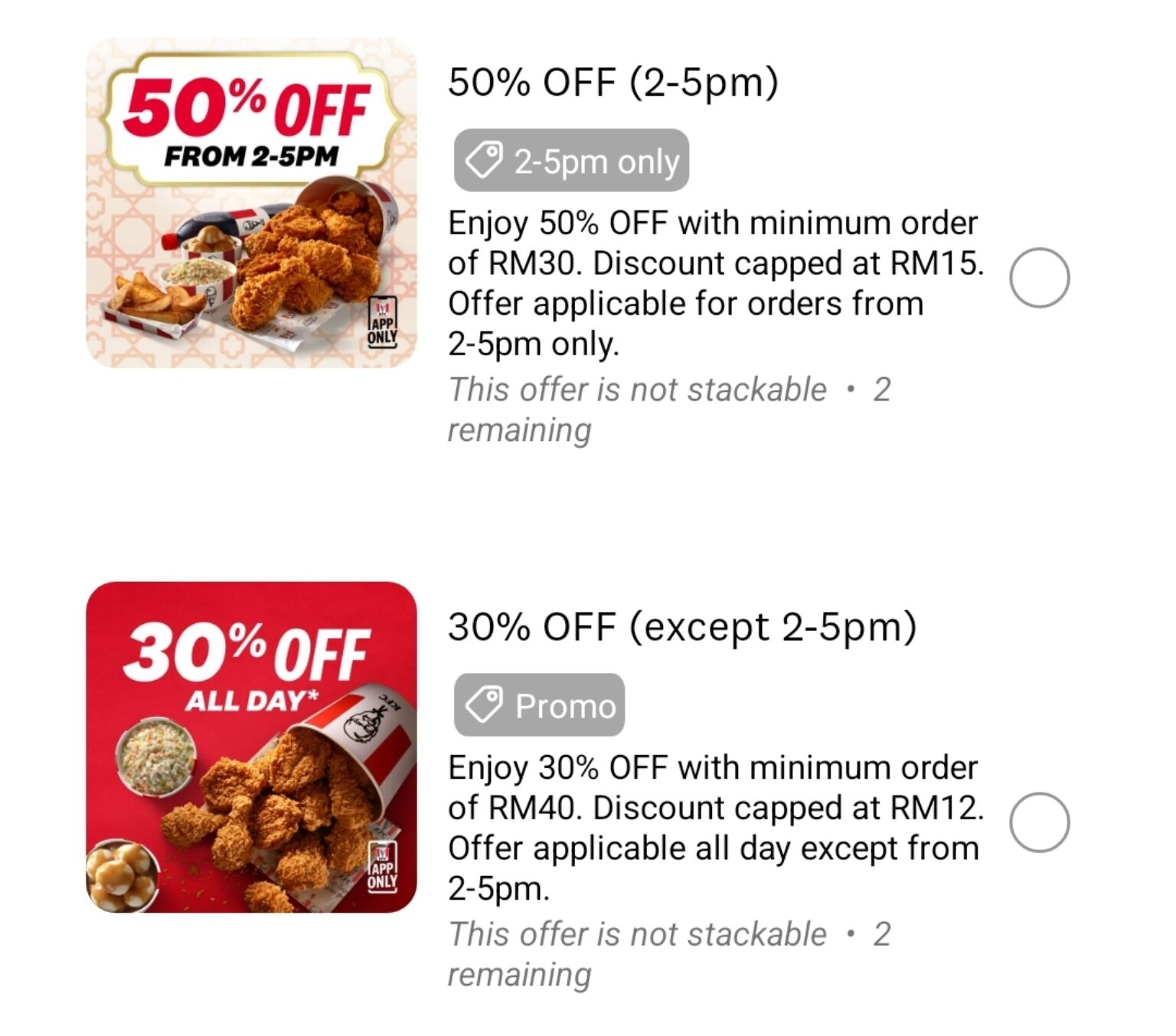 KFC March - April Exclusive Offer: Enjoy 50% Off from 2-5PM and 30% Off All Day on KFC APP Orders!