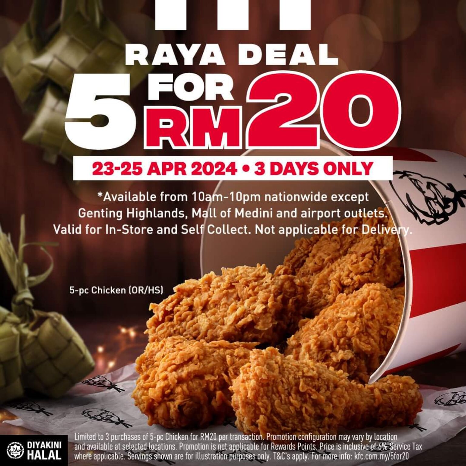 KFC: Raya Deal 2024 - Enjoy 5-pc Chicken for RM20 This April!