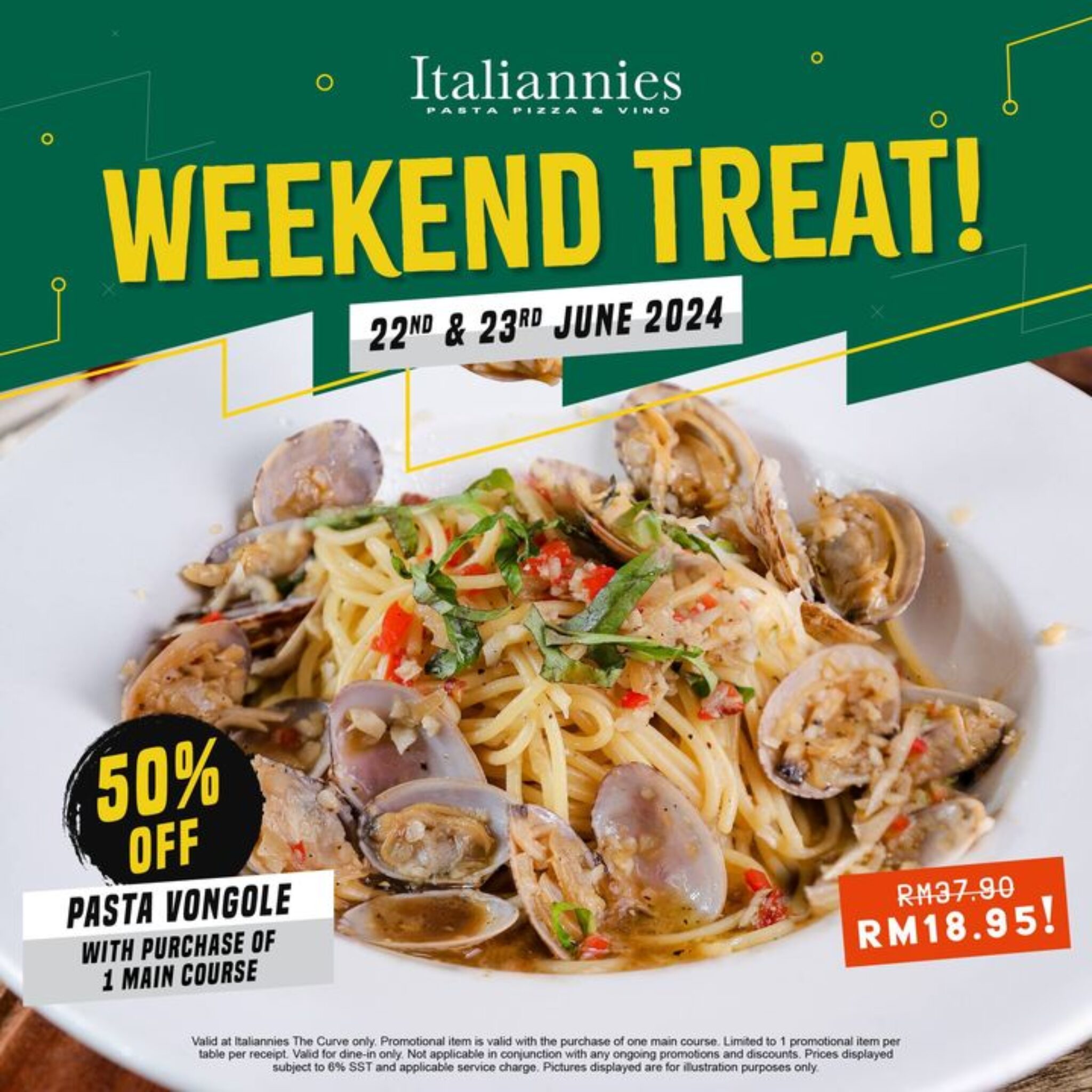 Enjoy Italiannies Weekend Treat: 50% OFF Pasta Vongole at The Curve!
